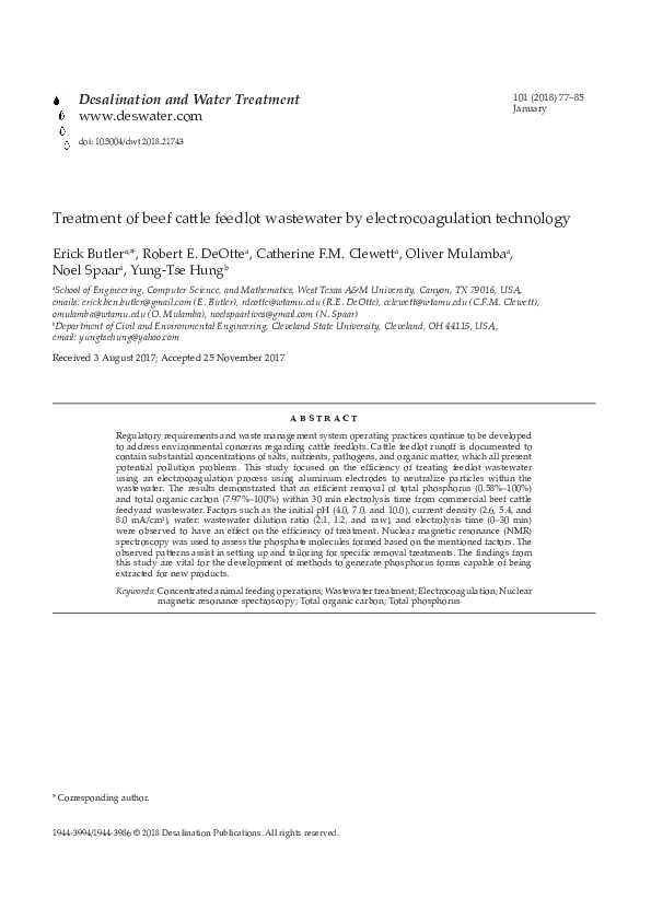 (PDF) Treatment of beef cattle feedlot wastewater by electrocoagulation ...