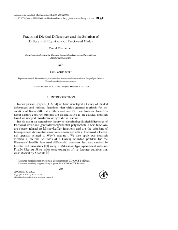 Pdf Fractional Divided Differences And The Solution Of Differential