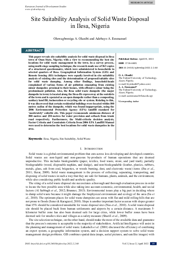(PDF) Site Suitability Analysis of Solid Waste Disposal in Ilesa, Nigeria