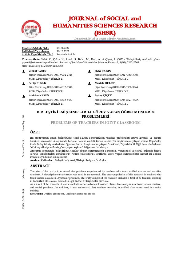(PDF) Bi̇rleşti̇ri̇lmi̇ş Siniflarda Görev Yapan Öğretmenleri̇n Problemleri̇