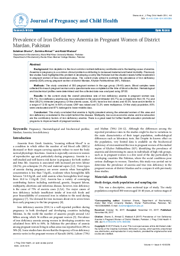 (PDF) Prevalence of Iron Deficiency Anemia in Pregnant Women of District Mardan, Pakistan