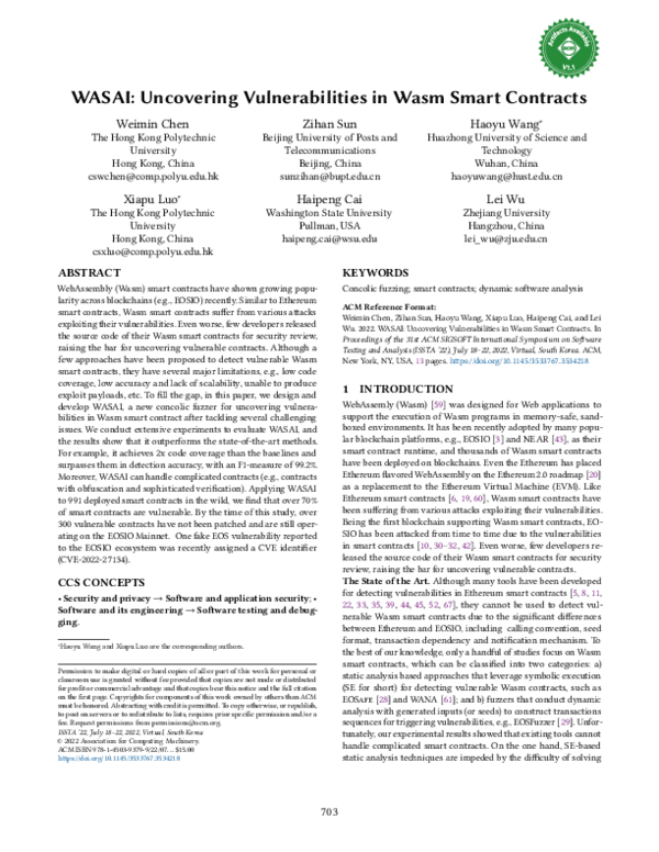 Pdf Wasai Uncovering Vulnerabilities In Wasm Smart Contracts Haipeng Cai