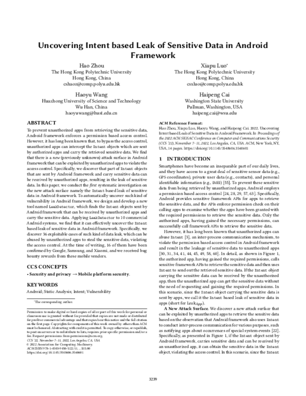 (PDF) Uncovering Intent based Leak of Sensitive Data in Android Framework