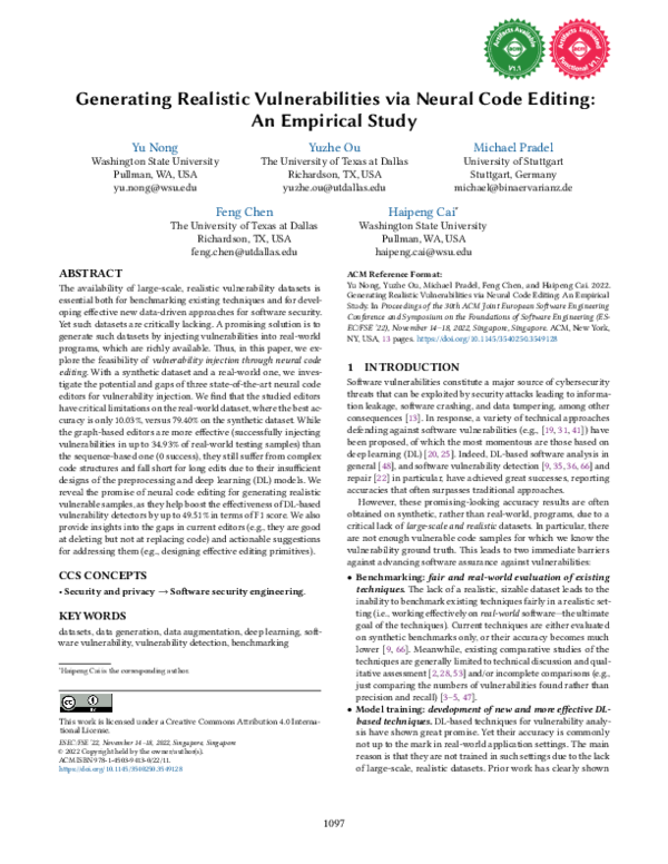 (PDF) Generating realistic vulnerabilities via neural code editing: an empirical study