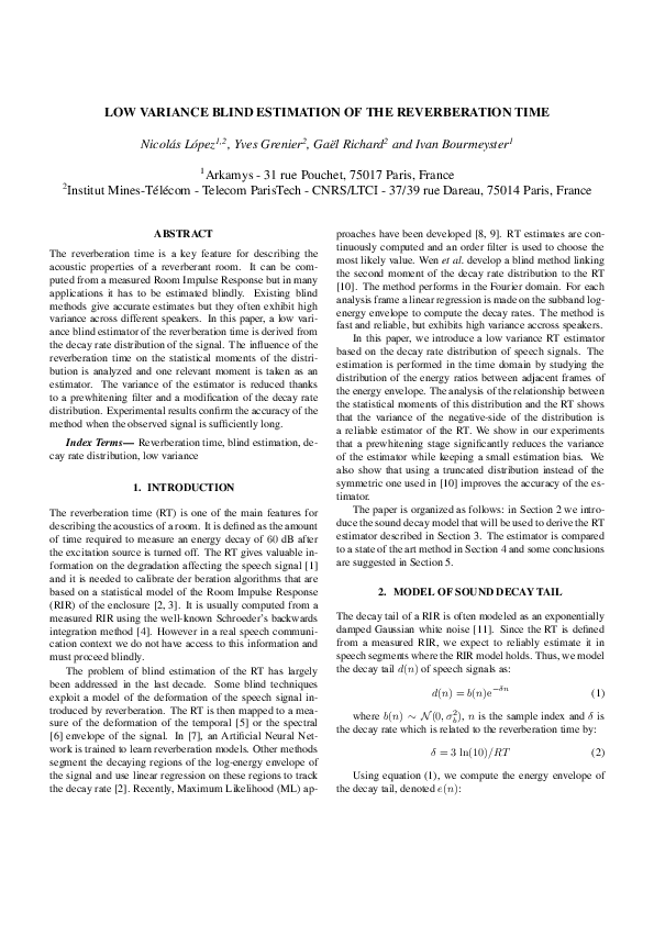 Pdf Low Variance Blind Estimation Of The Reverberation Time
