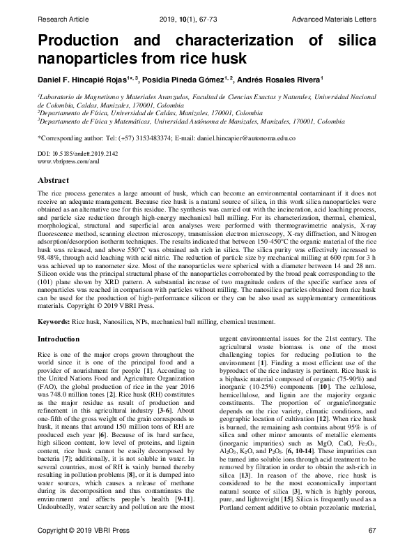 (PDF) Production and characterization of silica nanoparticles from rice ...