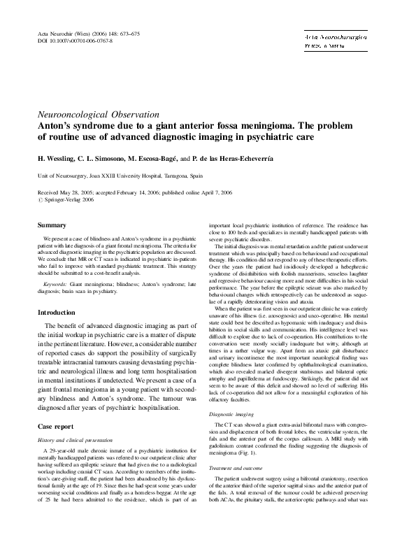 (PDF) Anton’s syndrome due to a giant anterior fossa meningioma. The problem of routine use of ...