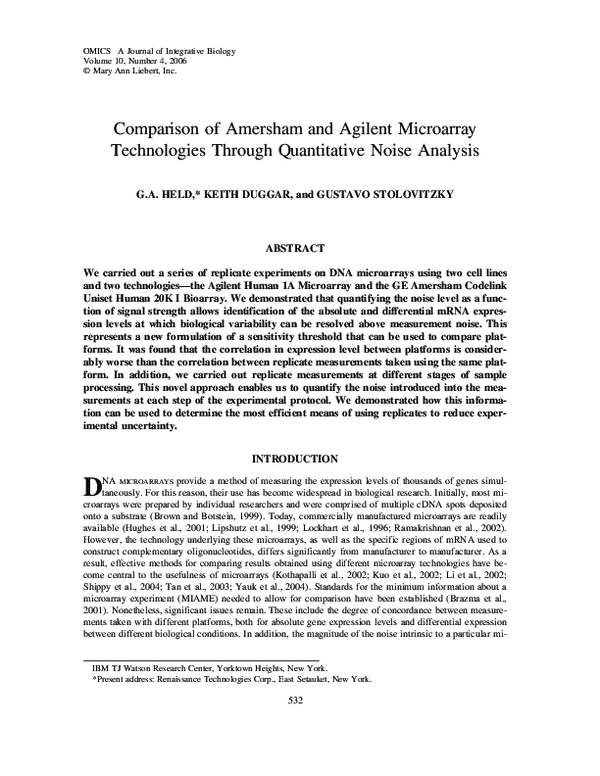 (PDF) Comparison of Amersham and Agilent Microarray Technologies Through Quantitative Noise Analysis