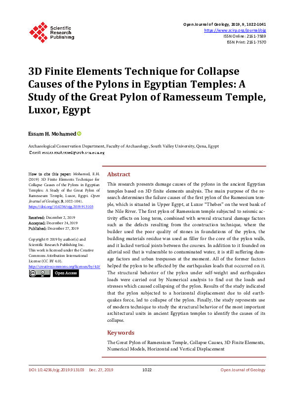 (PDF) 3D Finite Elements Technique for Collapse Causes of the Pylons in Egyptian Temples: A ...