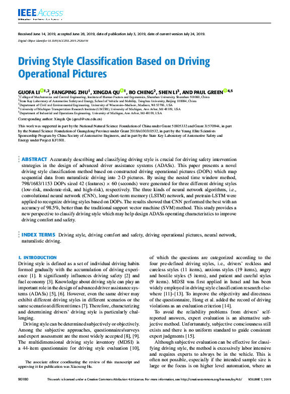 (PDF) Driving Style Classification Based on Driving Operational Pictures