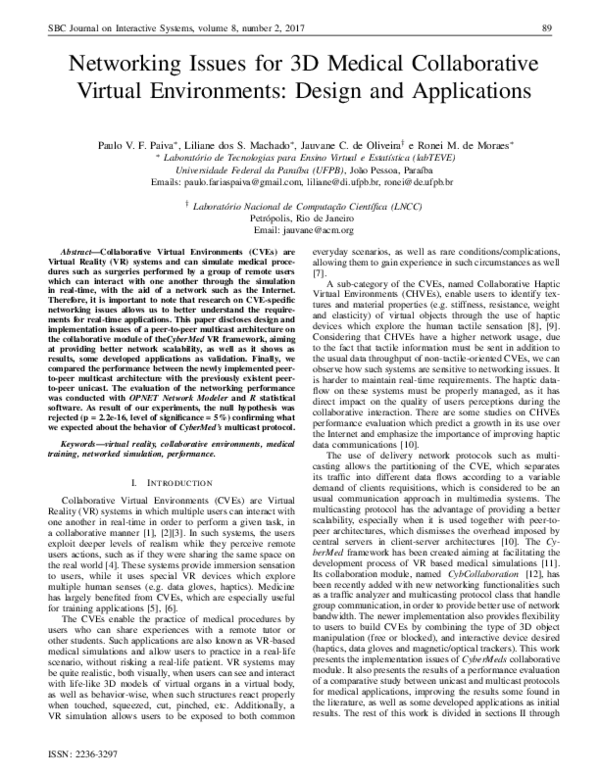 (PDF) Networking Issues for 3D Medical Collaborative Virtual Environments: Design and Applications