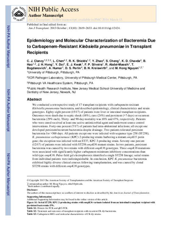 (PDF) Epidemiology and Molecular Characterization of Bacteremia Due to Carbapenem-Resistant ...
