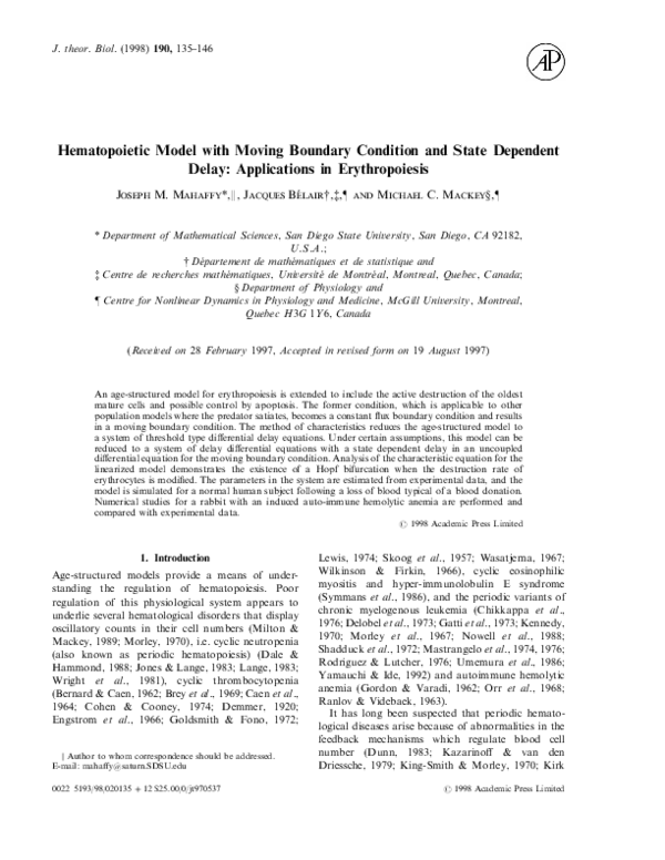Pdf Hematopoietic Model With Moving Boundary Condition And State Dependent Delay Applications