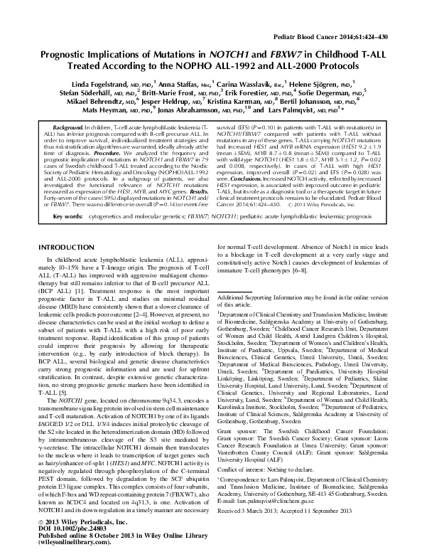 (PDF) Prognostic implications of mutations in NOTCH1 and FBXW7 in ...
