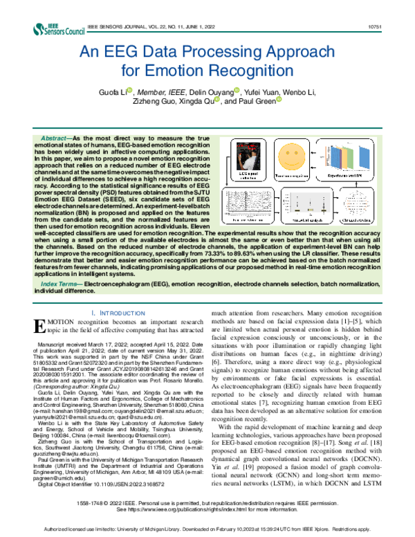 (PDF) An EEG Data Processing Approach for Emotion Recognition