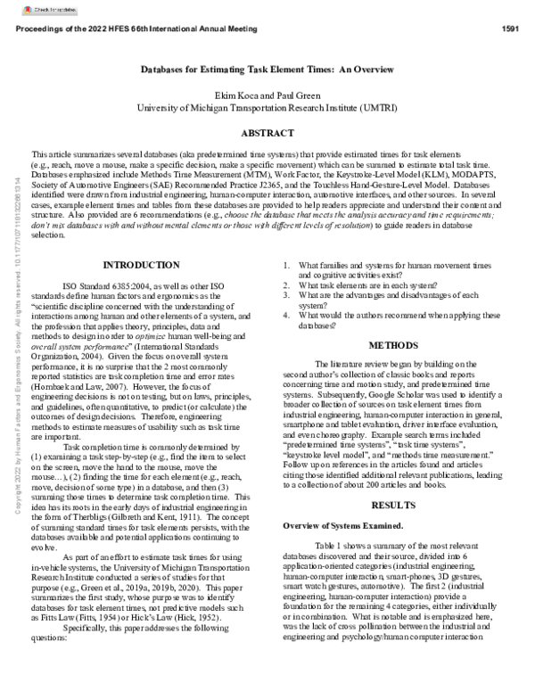(PDF) Databases for Estimating Task Element Times: An Overview