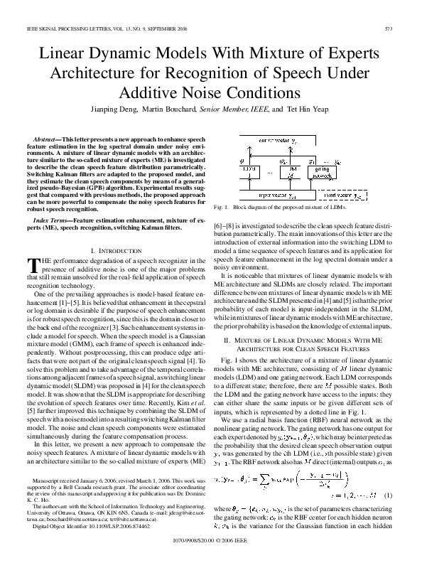 (PDF) Linear Dynamic Models With Mixture of Experts Architecture for Recognition of Speech Under ...