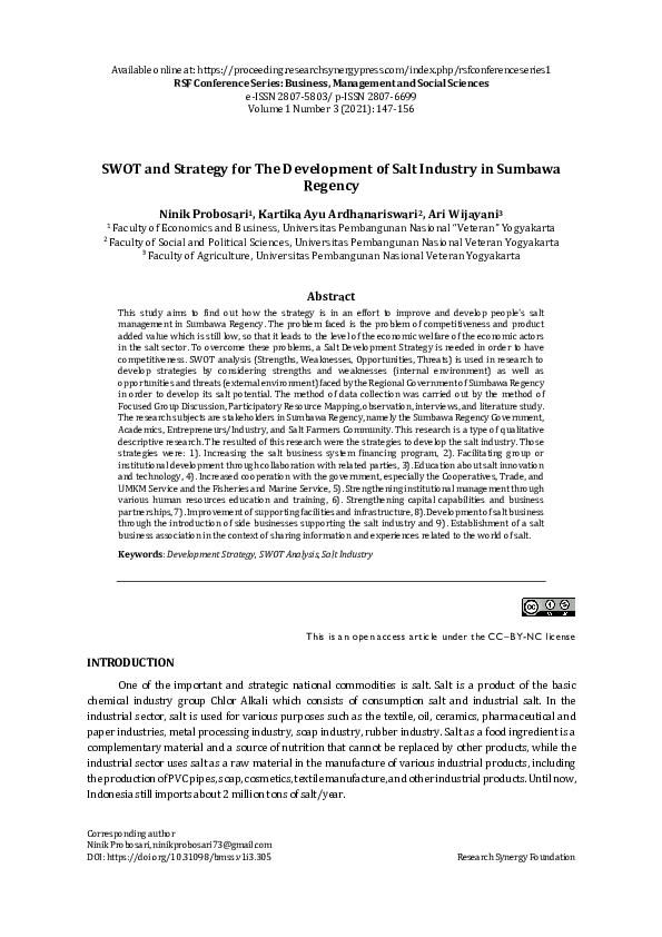 (PDF) SWOT and Strategy for The Development of Salt Industry in Sumbawa ...