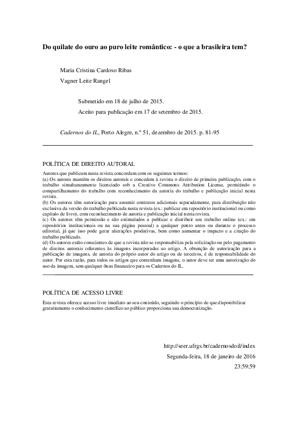 (PDF) Do Quilate Do Ouro Ao Puro Leite Romântico – O Que a Literatura ...