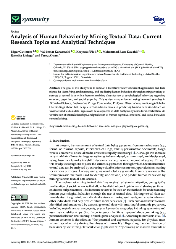 (PDF) Analysis of Human Behavior by Mining Textual Data: Current Research Topics and Analytical ...