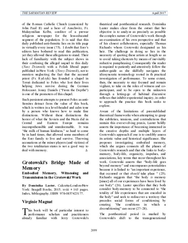 (PDF) Grotowski’s bridge made of memory: embodied memory, witnessing, and transmission in the ...