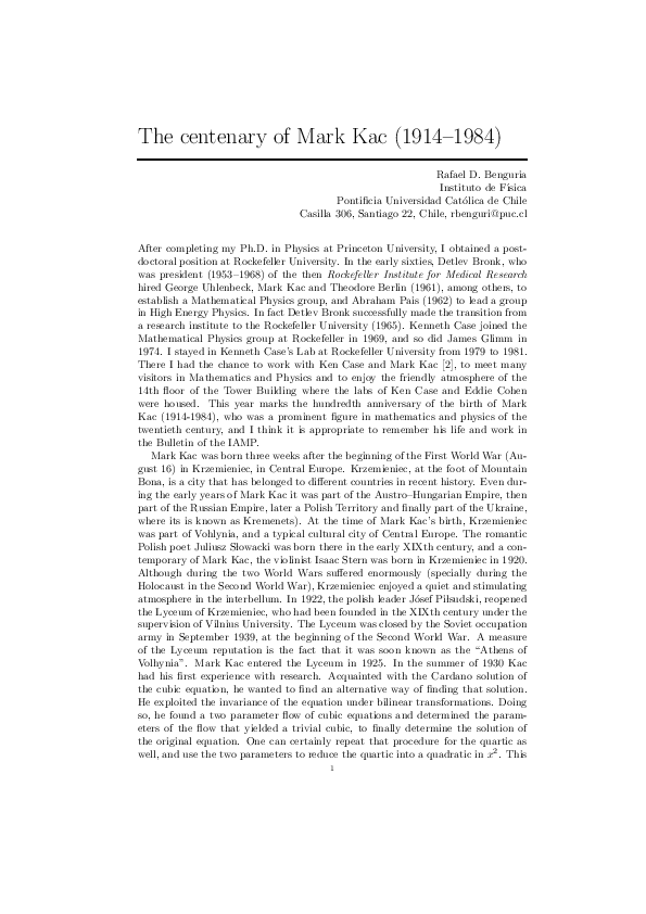(PDF) The centenary of Mark Kac ( 1914 – 1984 )