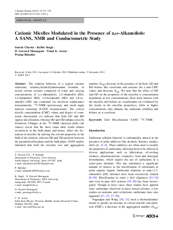 (PDF) Cationic micelles modulated in the presence of a,x-alkanediols: A ...