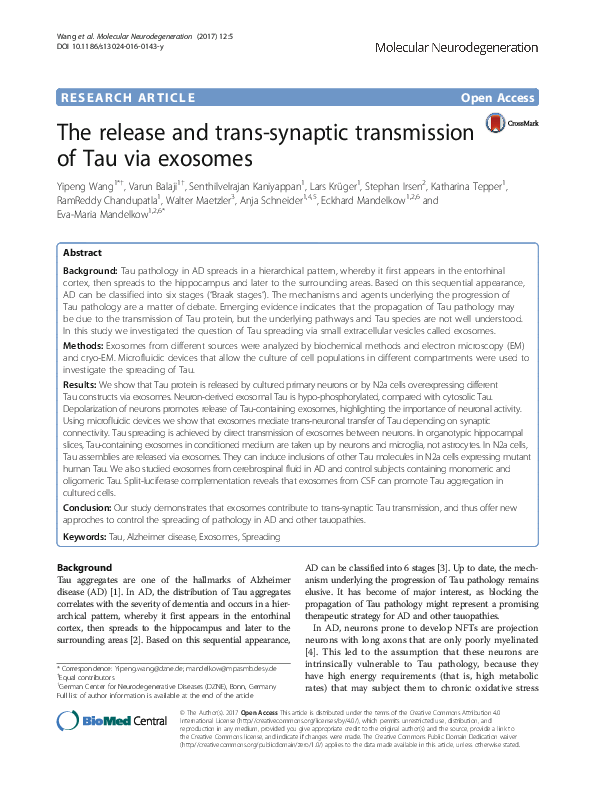 (PDF) The release and trans-synaptic transmission of Tau via exosomes