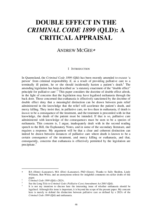 (PDF) Double Effect in the Criminal Code 1899 (Qld): A Critical Appraisal