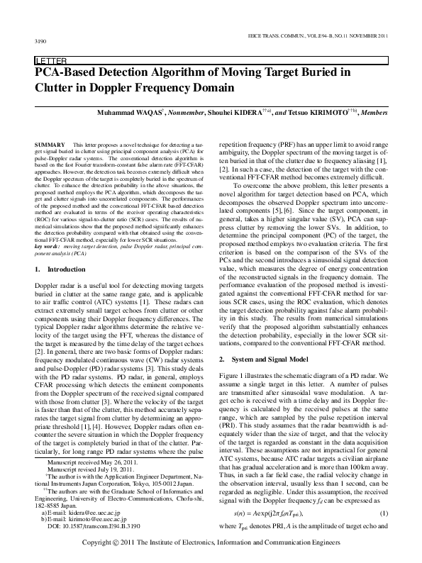 Pdf Pca Based Detection Algorithm Of Moving Target Buried In Clutter In Doppler Frequency