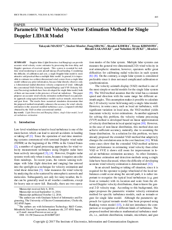 (PDF) Parametric Wind Velocity Vector Estimation Method for Single Doppler LIDAR Model