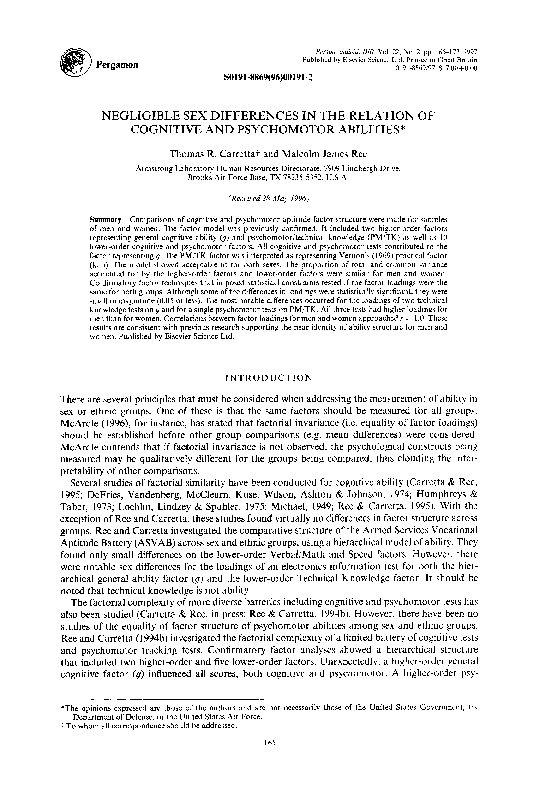 Pdf Negligible Sex Differences In The Relation Of Cognitive And Psychomotor Abilities