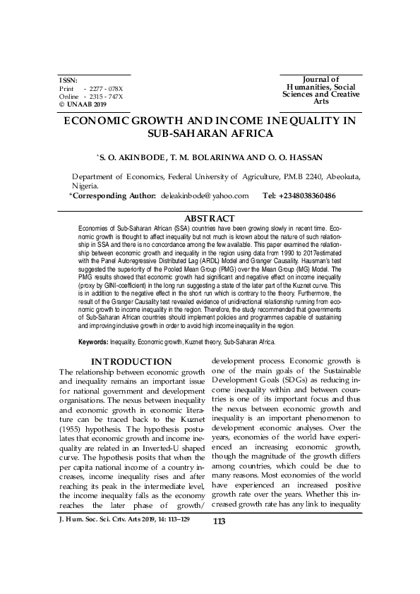 (PDF) Economic Growth and Income Inequality in Sub-Saharan Africa