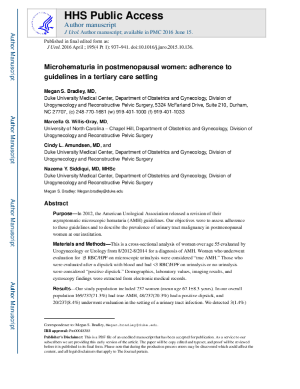 (PDF) Microhematuria in Postmenopausal Women: Adherence to Guidelines ...
