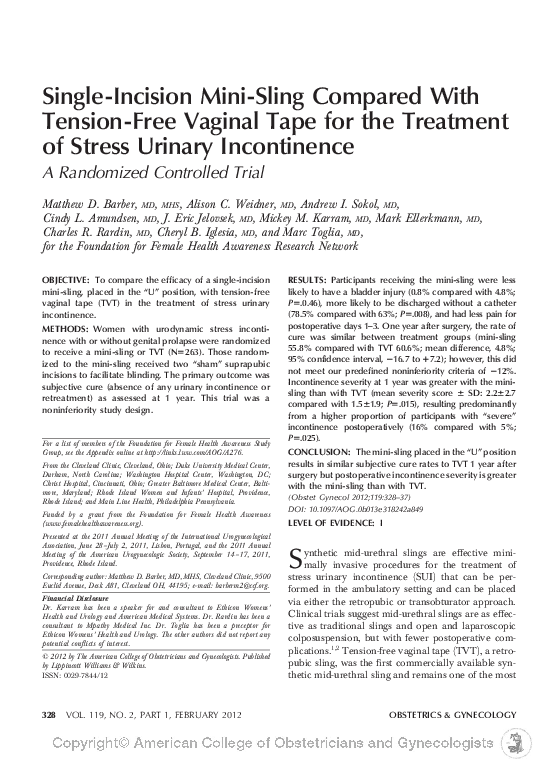 (PDF) Single-Incision Mini-Sling Compared With Tension-Free Vaginal ...