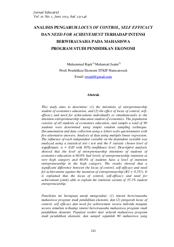 (PDF) Analisis Pengaruh Locus of Control, Self Efficacy Dan Need for Achievement Terhadap ...