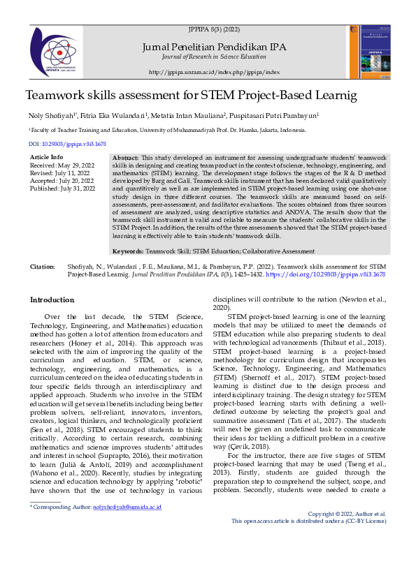 (PDF) Teamwork skills assessment for STEM Project-Based Learnig