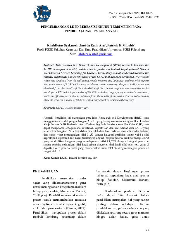 (PDF) Pengembangan LKPD Berbasis Inkuiri Terbimbing Pada Pembelajaran Ipa Kelas V SD