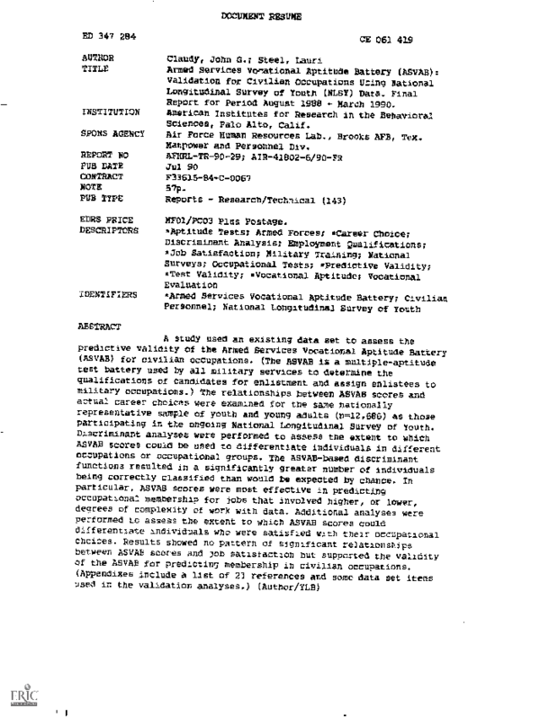 (PDF) Armed Services Vocational Aptitude Battery (ASVAB) Correlational ...