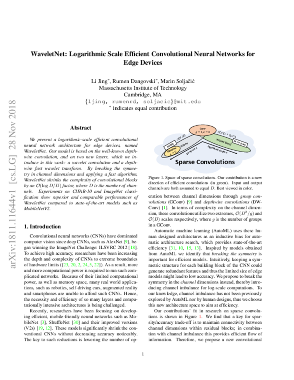 (PDF) WaveletNet: Logarithmic Scale Efficient Convolutional Neural Networks for Edge Devices
