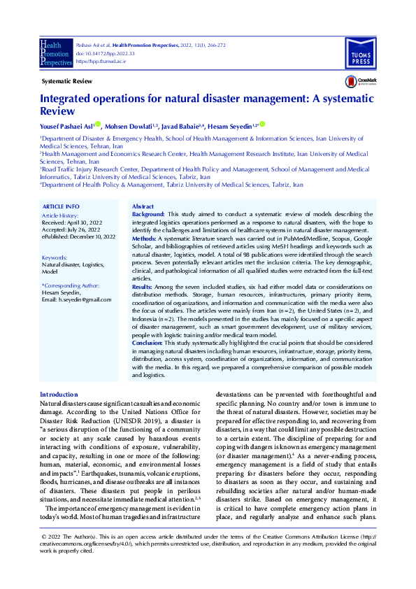(PDF) Integrated operations for natural disaster management: A systematic Review