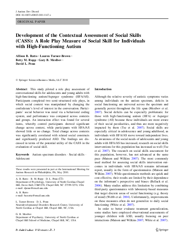 (PDF) Development of the Contextual Assessment of Social Skills (CASS): A Role Play Measure of ...