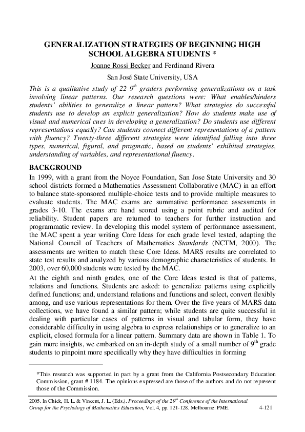 (PDF) Generalization strategies of beginning high school algebra students