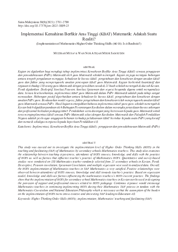 (PDF) Implementasi Kemahiran Berfikir Aras Tinggi (KBAT) Matematik ...