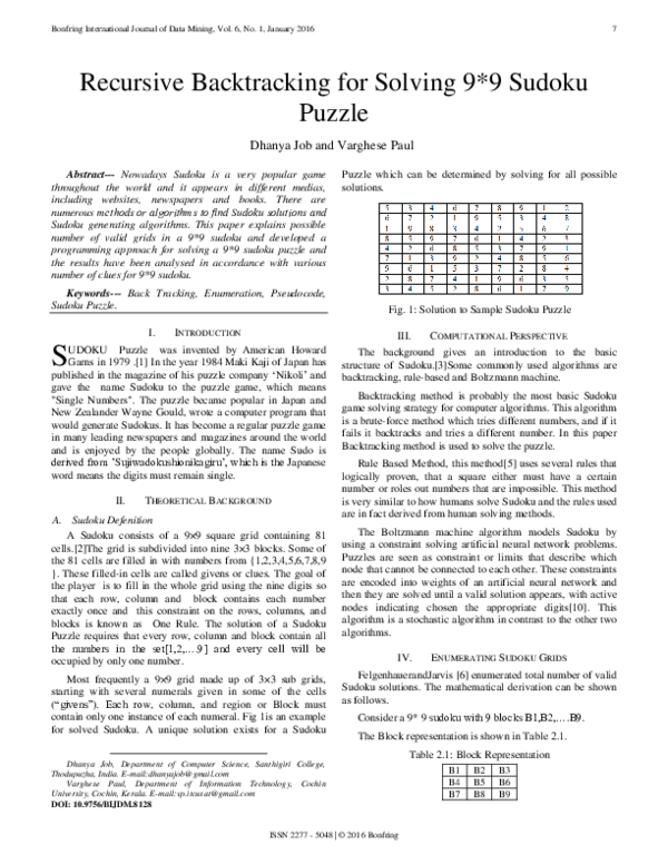 Pdf Recursive Backtracking For Solving 99 Sudoku Puzzle Varghese