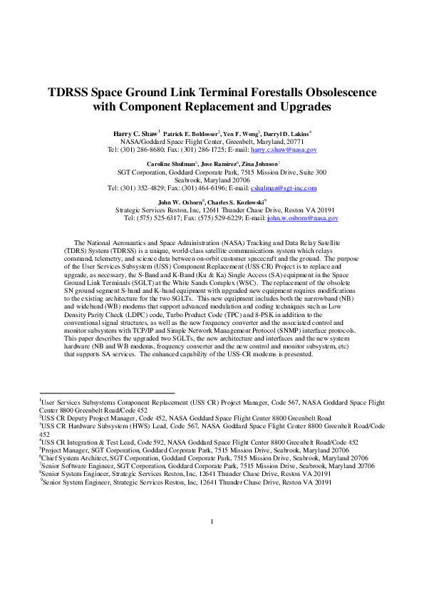 (PDF) TDRSS Space Ground Link Terminal Forestalls Obsolescence with Component Replacement and ...