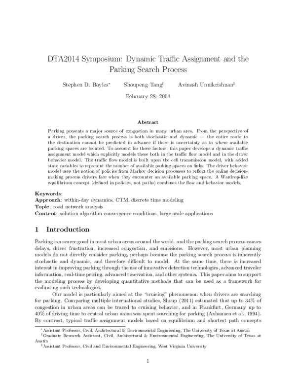 (PDF) DTA 2014 Symposium : Dynamic Traffic Assignment and the Parking ...