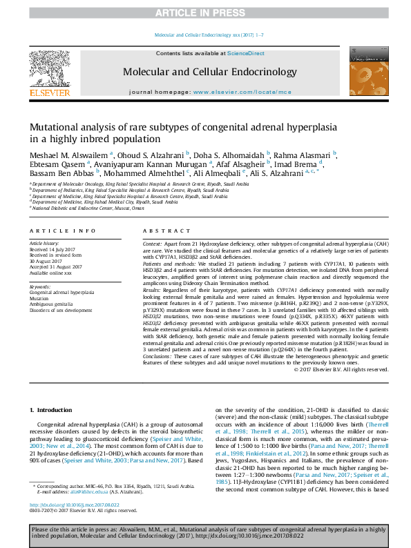 (PDF) Mutational analysis of rare subtypes of congenital adrenal ...