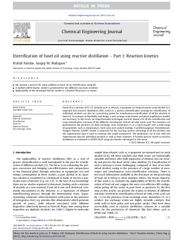 (PDF) Esterification of fusel oil using reactive distillation – Part I: Reaction kinetics