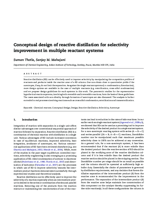 Pdf Conceptual Design Of Reactive Distillation For Selectivity Improvement In Multiple